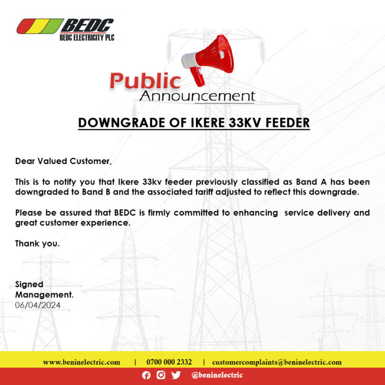 2024 - Downgrade of Ikere 33KV feeder - BEDC Electricity Plc. 2024 - Downgrade of Ikere 33KV feeder - BEDC Electricity Plc.