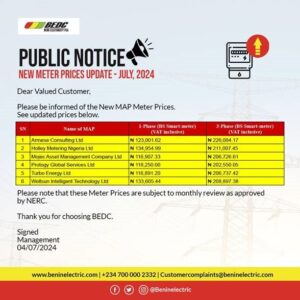 New Meter Prices – July 2024 – BEDC Electricity Plc.