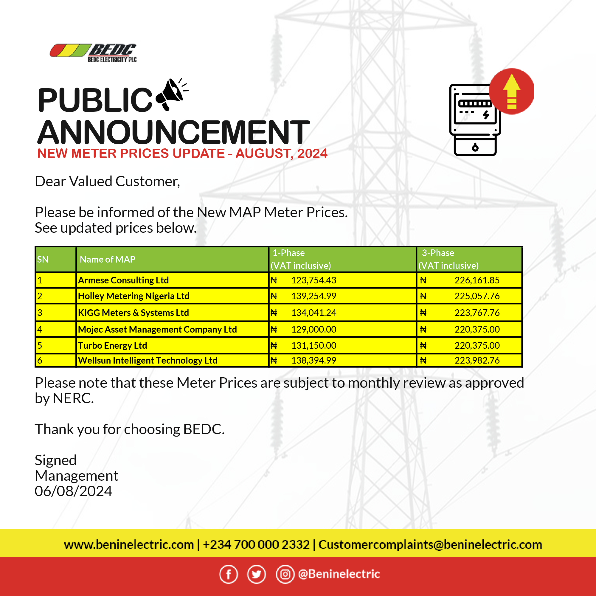 MAP Meter Prices for August 2024 – BEDC Electricity Plc.