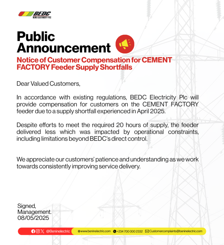 Notice of Customer Compensation for CEMENT FACTORY Feeder – BEDC ...