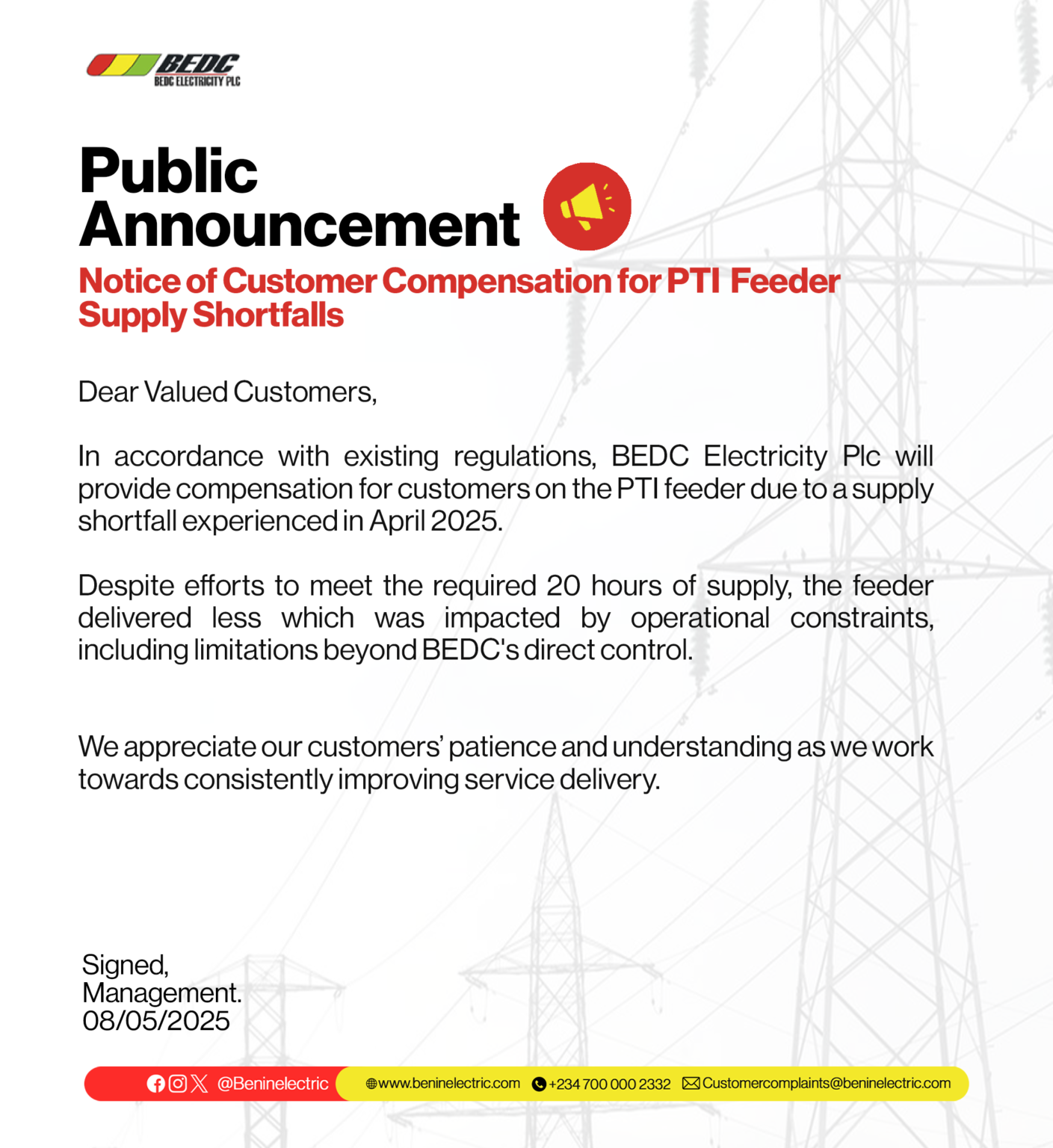 Notice of Customer Compensation for PTI Feeder – BEDC Electricity Plc.