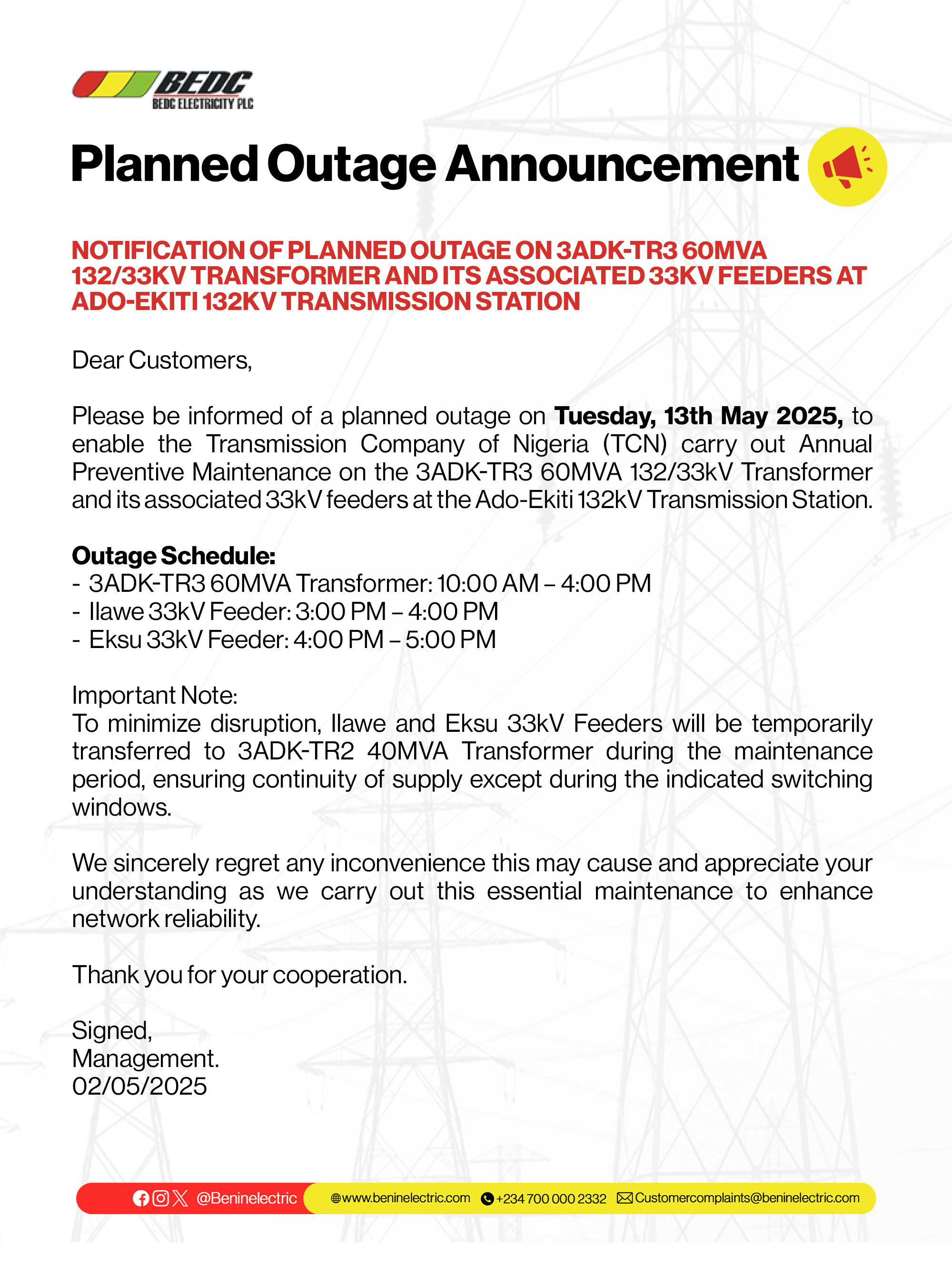 NOTIFICATION OF PLANNED OUTAGE ON 3ADK-TR3 60MVA 132/33KV TRANSFORMER ...