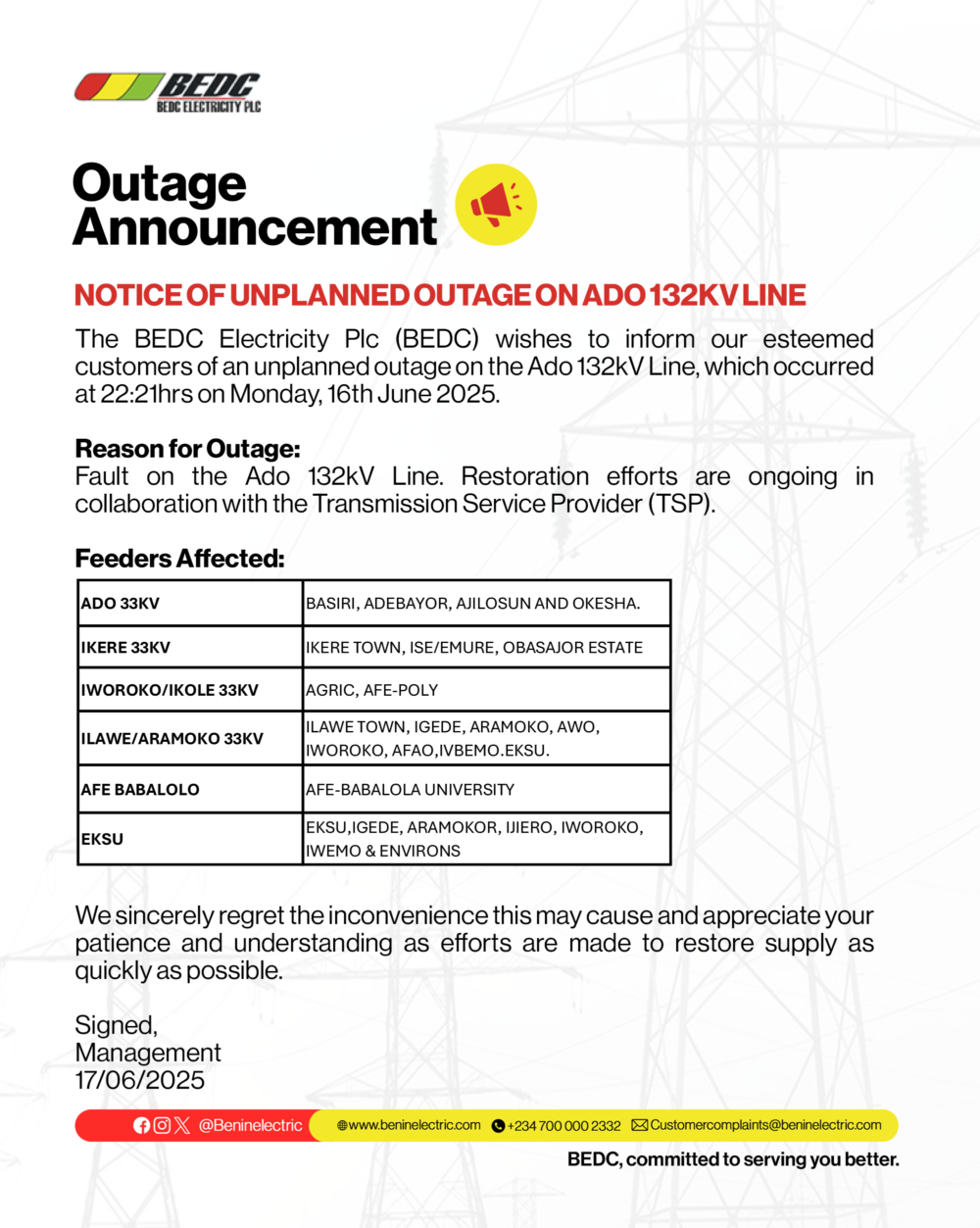 NOTICE OF UNPLANNED OUTAGE ON ADO 132KV LINE – BEDC Electricity Plc.
