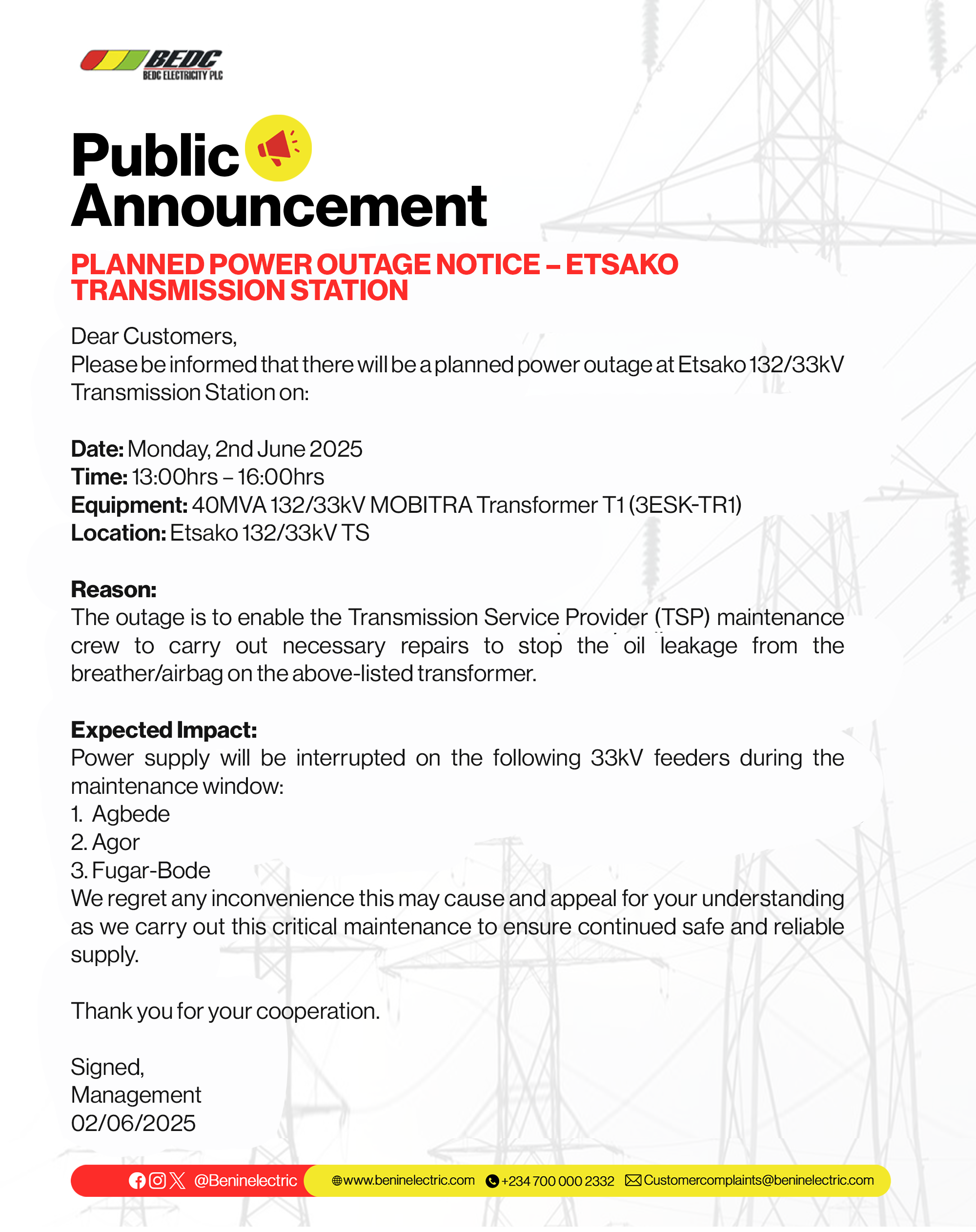 PLANNED POWER OUTAGE NOTICE – ETSAKOTRANSMISSION STATION – BEDC ...