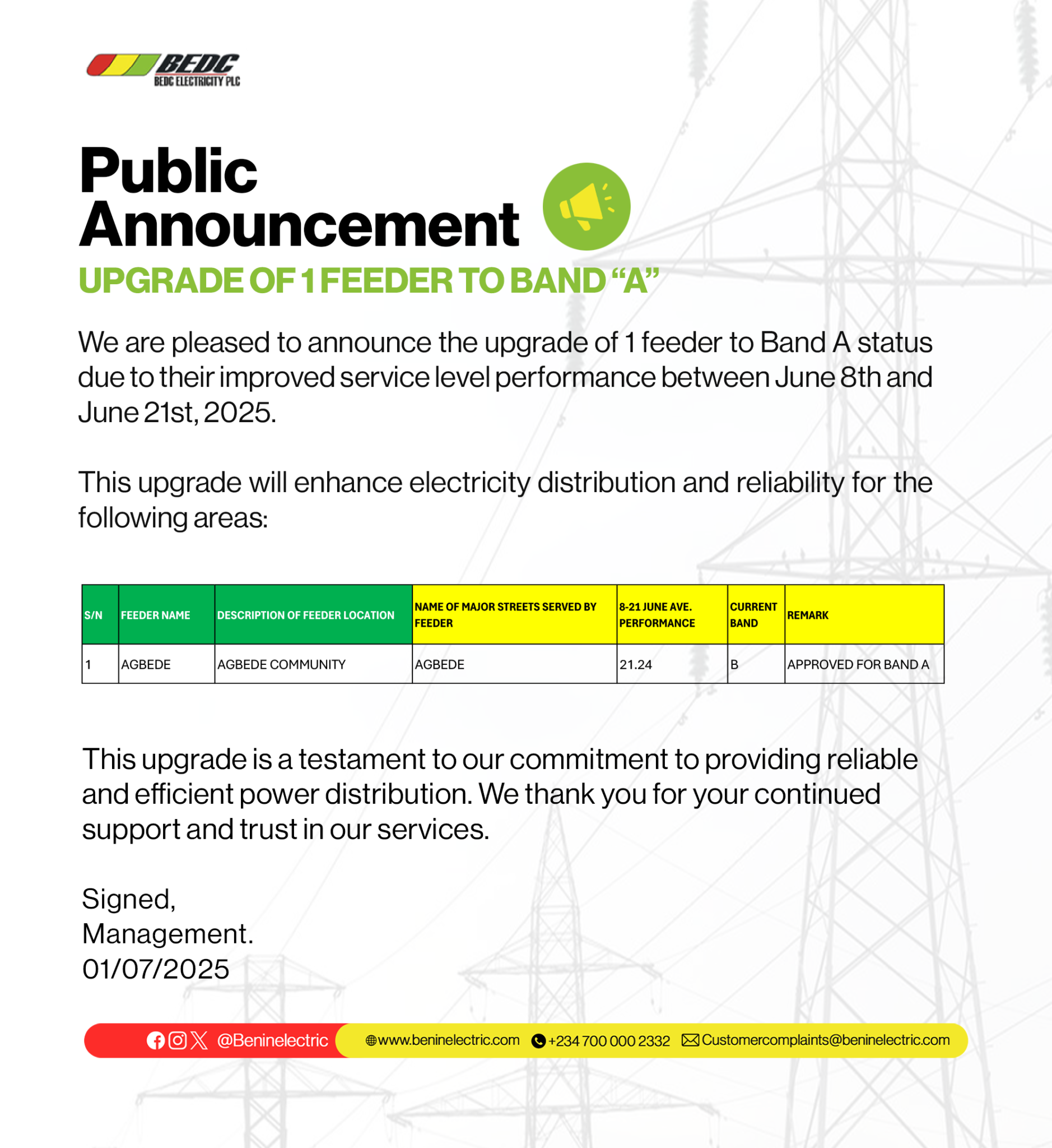 UPGRADE OF AGBEDE FEEDER TO BAND “A” – BEDC Electricity Plc.