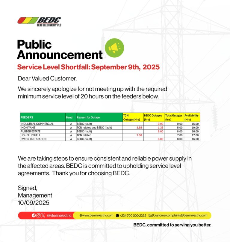 Service Level Shortfall: 9th September 2025 – BEDC Electricity Plc.